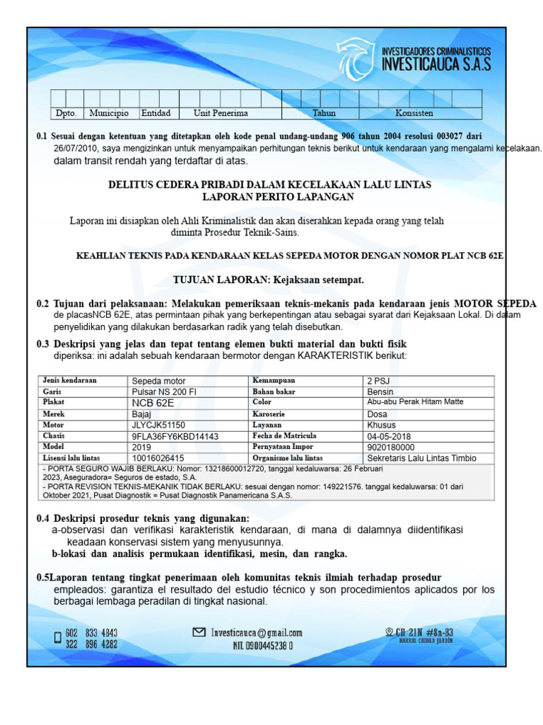 Pemeriksaan Motor Dengan Plat NCB 62E - PINILLA | PDF