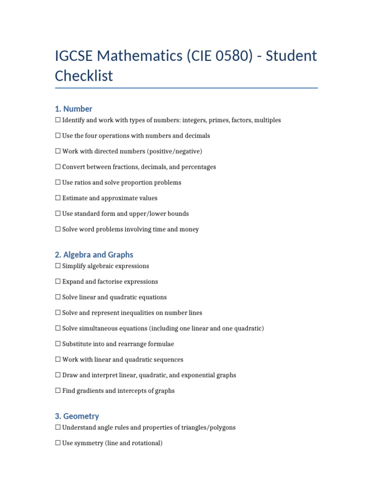 IGCSE Maths Student Checklist | PDF
