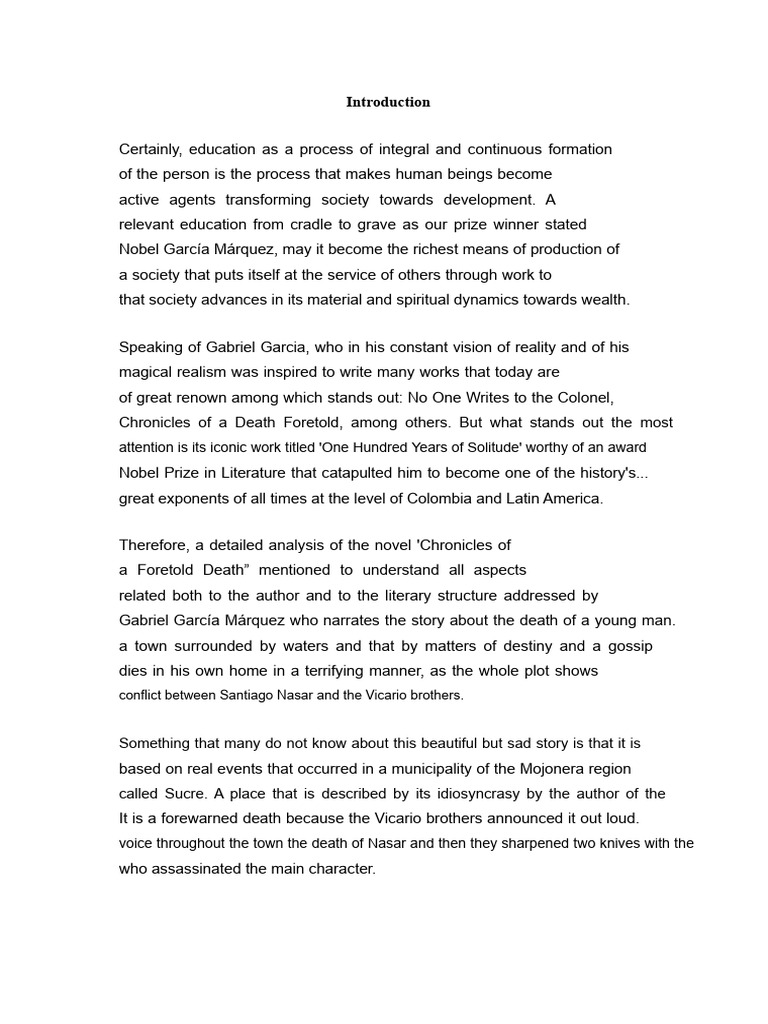 Analysis of "Chronicle of a Death Foretold" | PDF