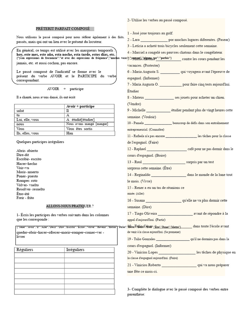Passé Composé : Exercices et Règles | PDF | Verbe | Interprétation ...