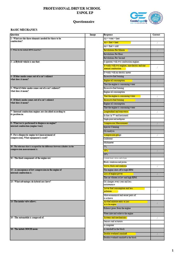 Basic Mechanics Questionnaire for Drivers | PDF | Internal Combustion ...