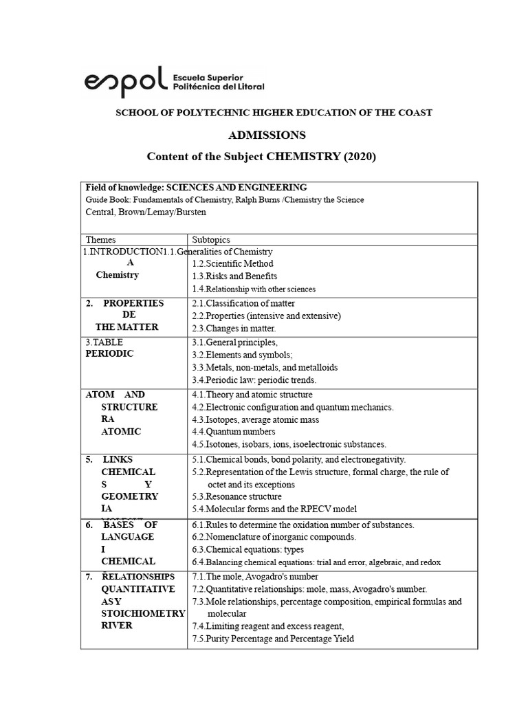 Chemistry - Topics To Study Espol | PDF | Chemistry | Molecules