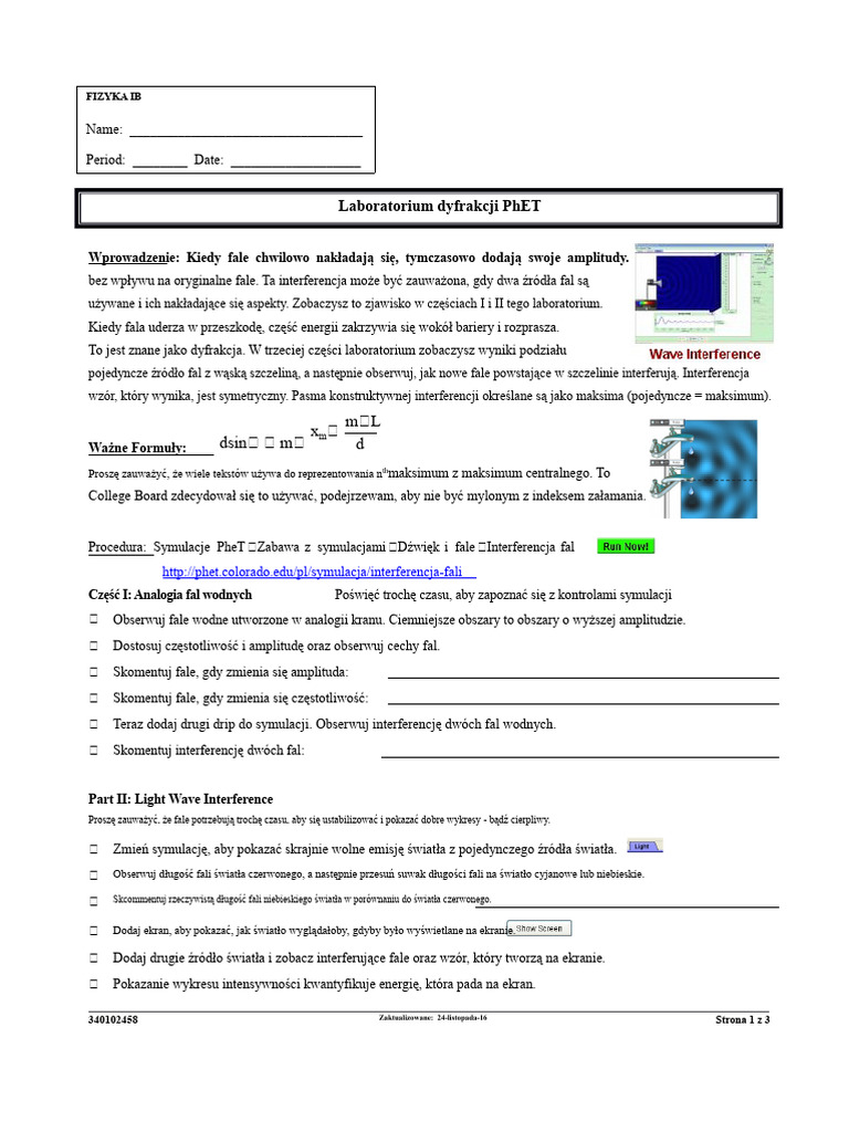 Laboratorium Dyfrakcji Z Użyciem Symulacji Phet | PDF