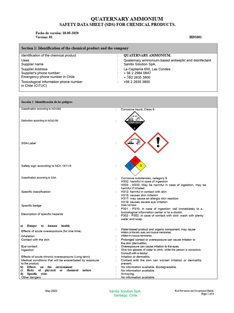 Quaternary Ammonium SDS Overview | PDF | Personal Protective Equipment ...