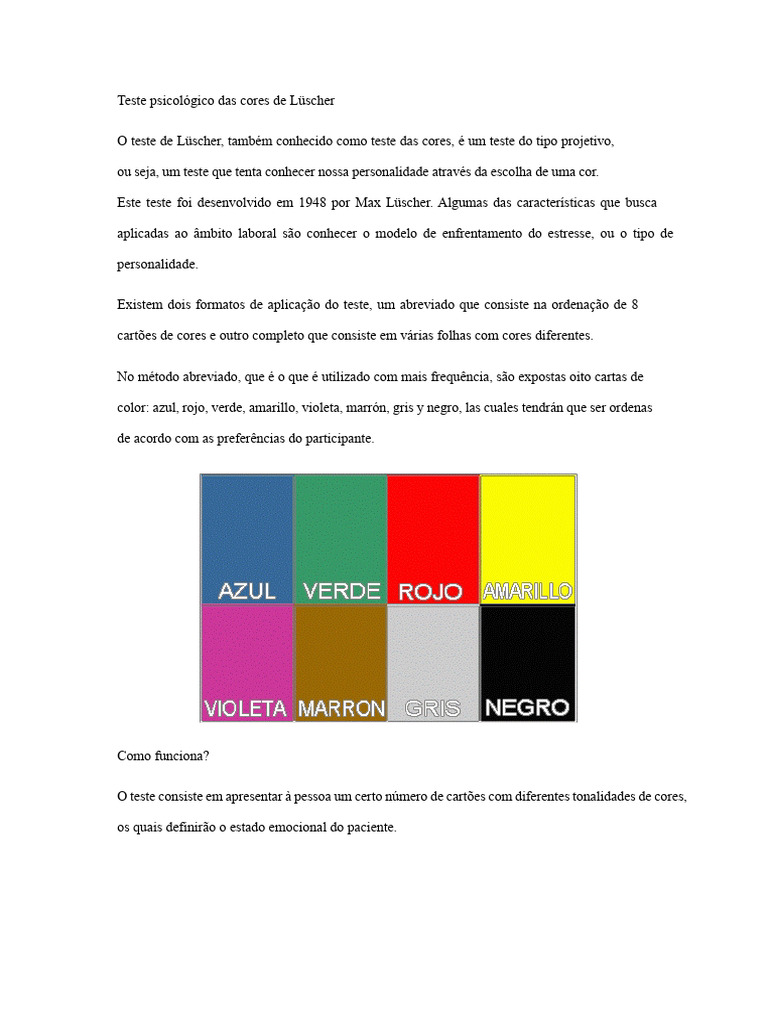 Teste de Cores de Lüscher: Interpretação e Aplicações | PDF | Cor ...