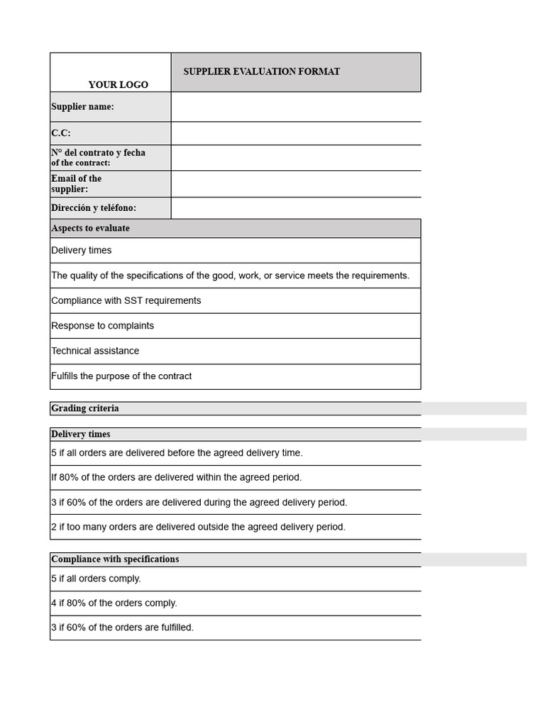 Supplier Evaluation Criteria Template | PDF | Occupational Safety And ...