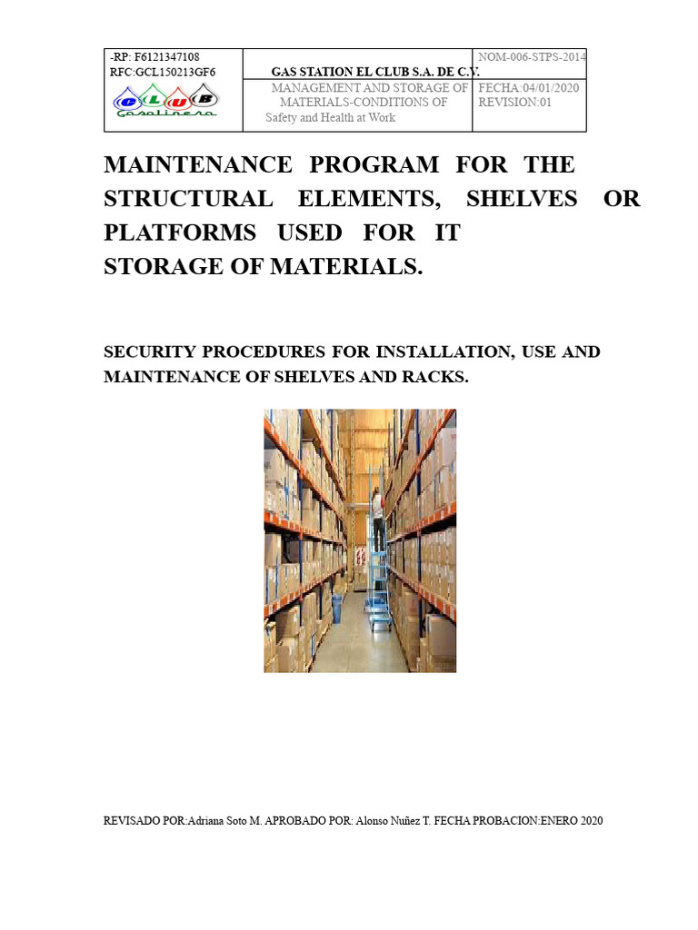 Maintenance Program For Structural Elements, Shelves or Platforms For ...