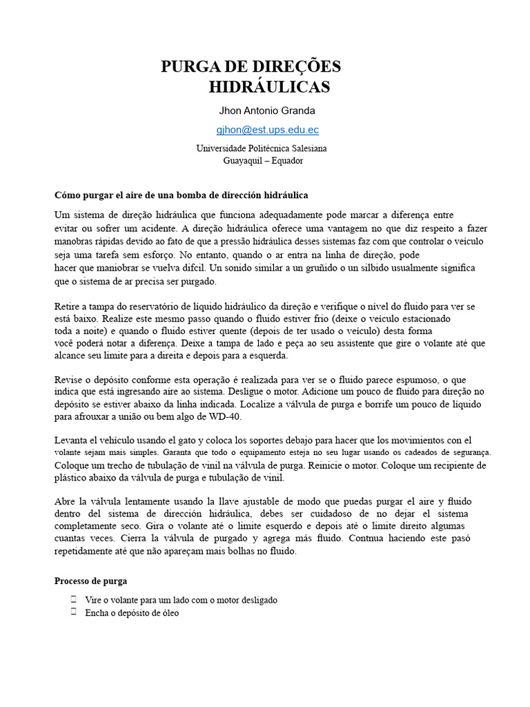 Como purgar o ar de uma bomba de direção hidráulica | PDF | Motores | Bomba