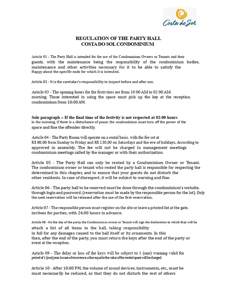 Party Hall Regulations for Costa do Sol | PDF | Condominium