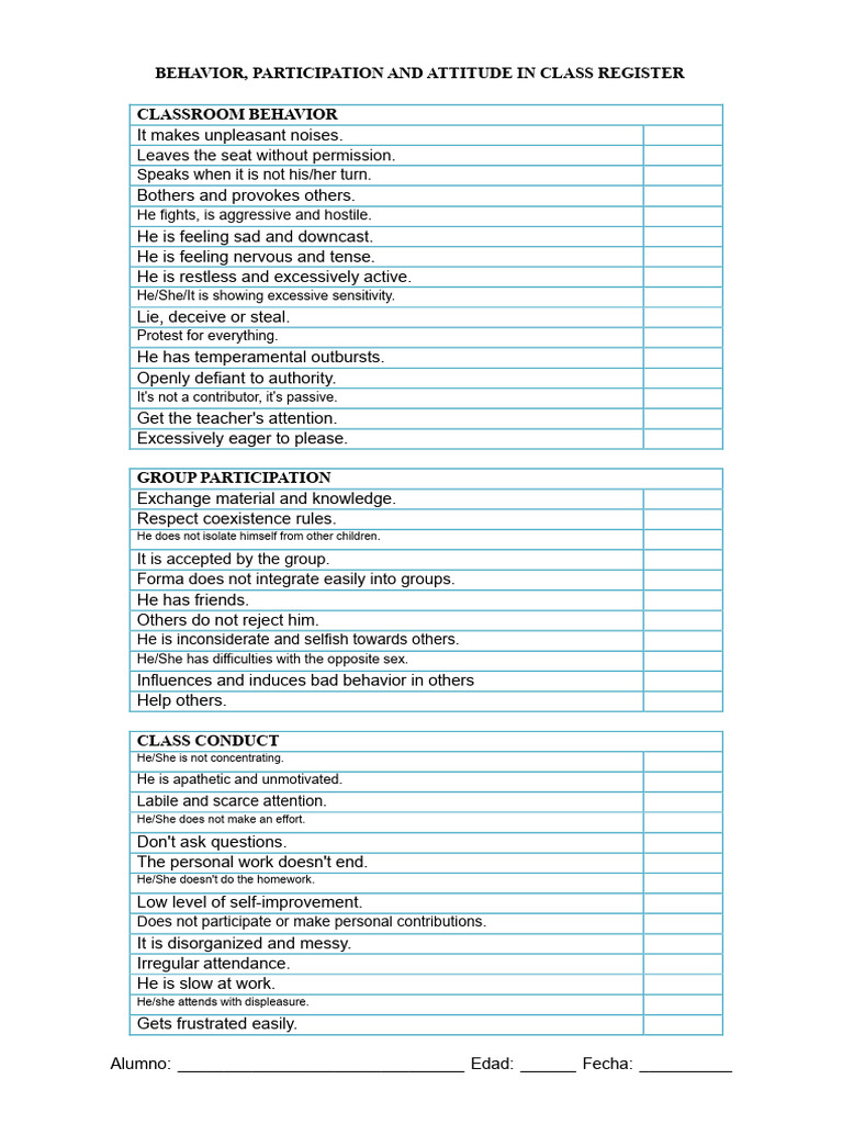 Classroom Behavior and Participation Report | PDF