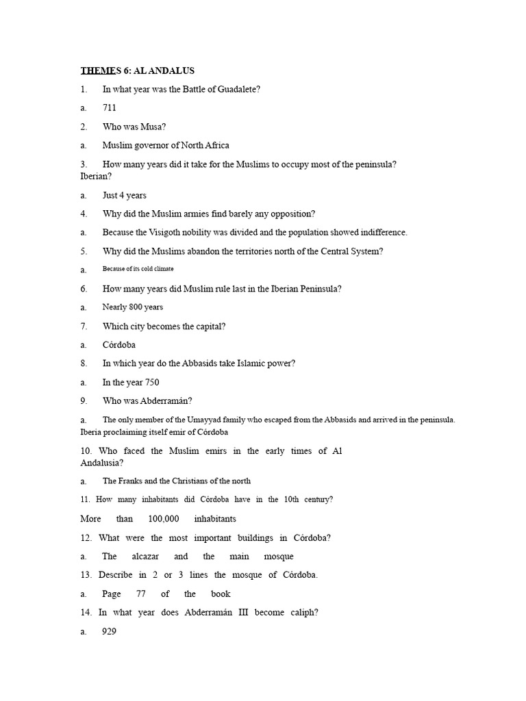 Exam Questions On Al Andalus | PDF | Al Andalus | Middle Ages