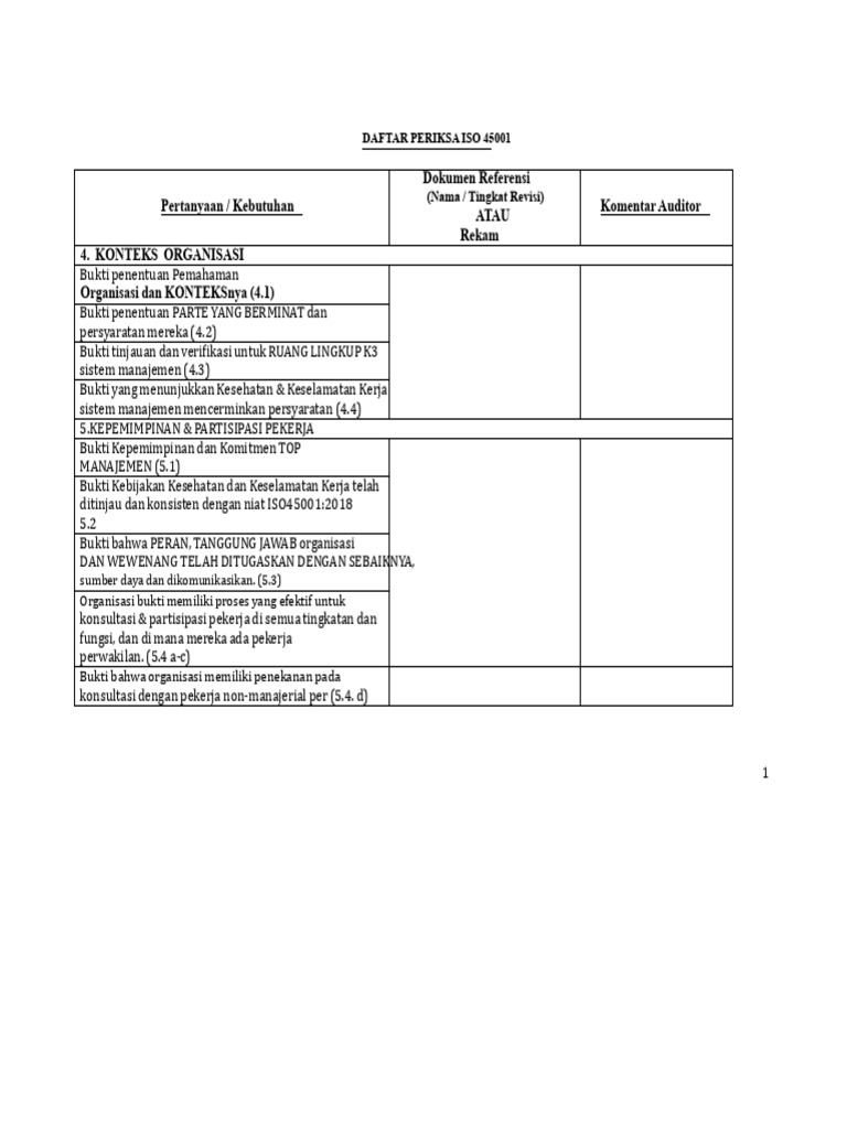 Daftar Periksa ISO 45001 K3 | PDF