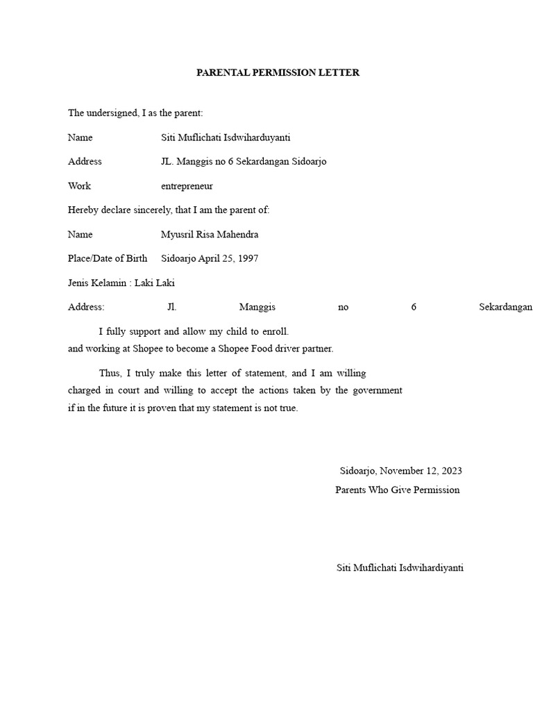 Example of Parental Permission Letter For Shopee Food 1 | PDF