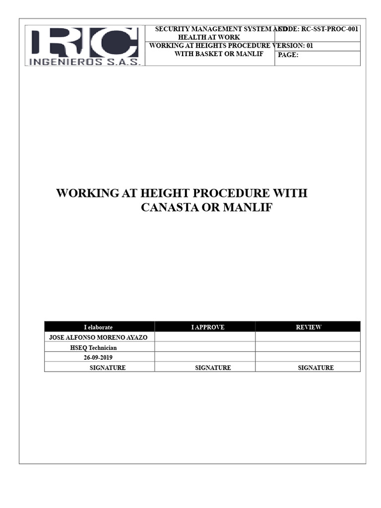 Work Procedure at Heights With Basket or Manlift | PDF | Elevator ...