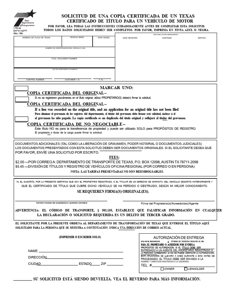 Solicitud de Título de Vehículo en Texas | PDF | Correo | Herencia