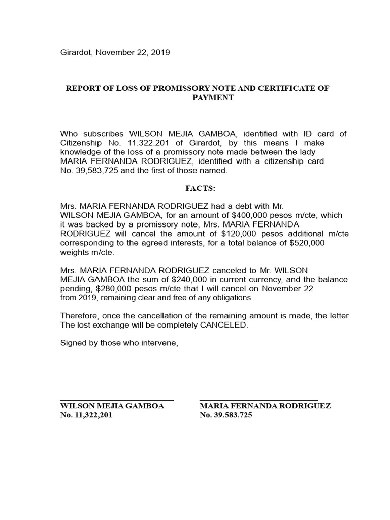 Report On The Loss of A Promissory Note and Payment Receipt | PDF