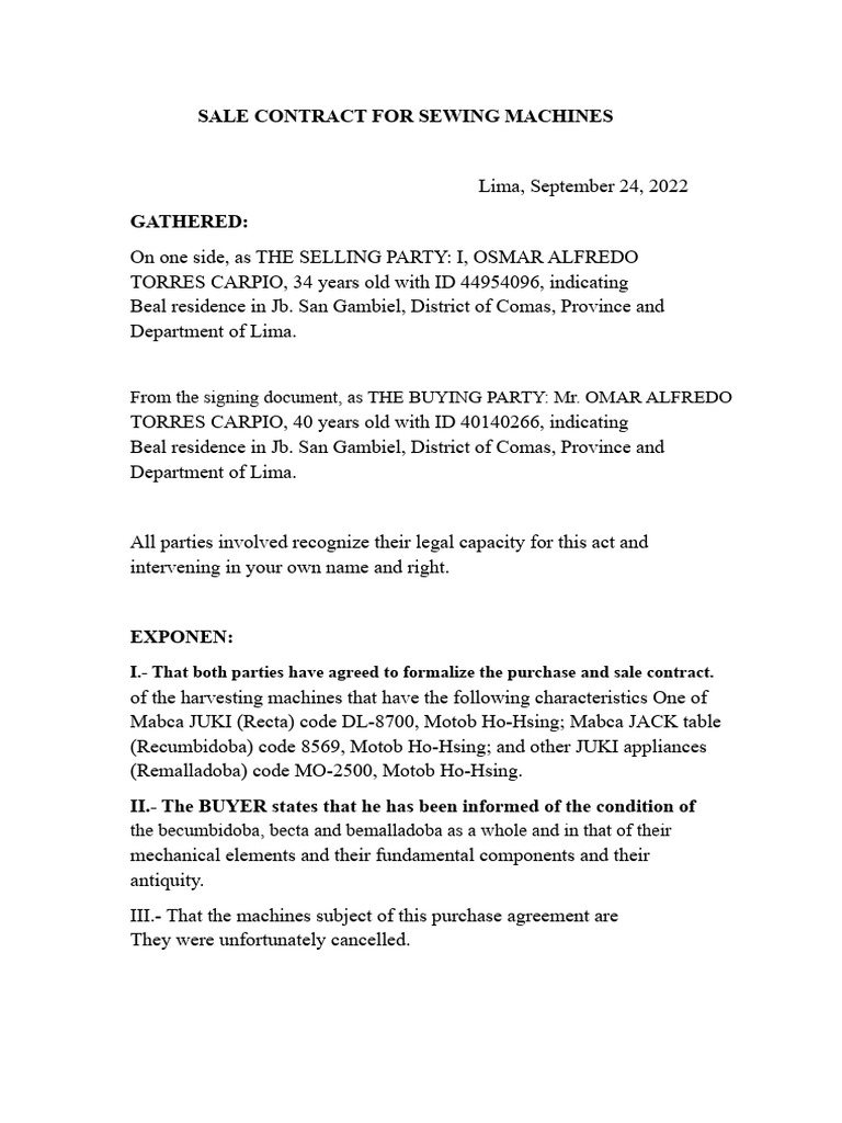 Sewing Machine Sale Contract | PDF | Common Law | Business Law