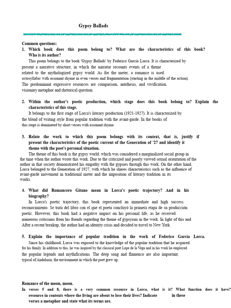 GYPSY BALLAD - Questions | PDF | Poetry | Federico García Lorca