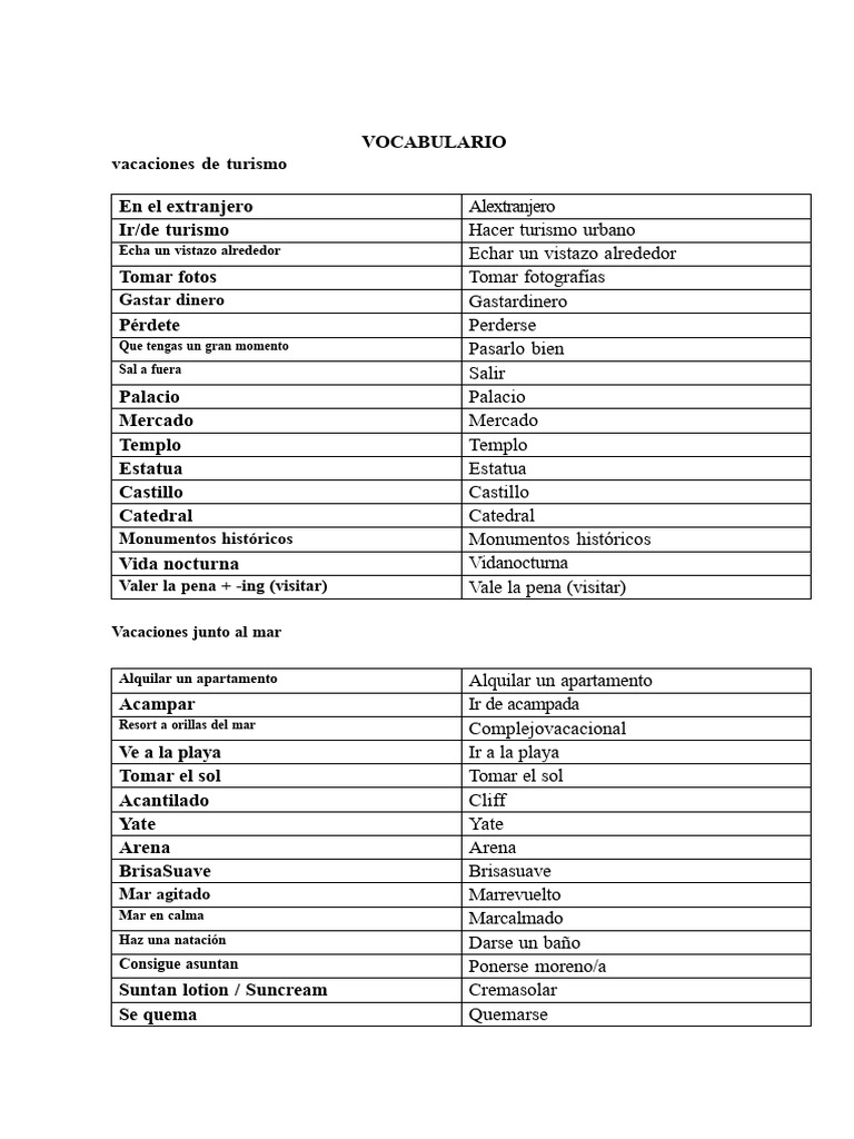 Vocabulario y Ejercicios Unidad 2 - Vacaciones y Tiempo Libre | PDF ...