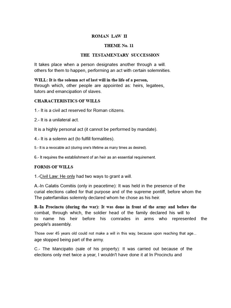 ROMAN LAW II Topic No. 11 Testamentary Succession | PDF | Will And ...