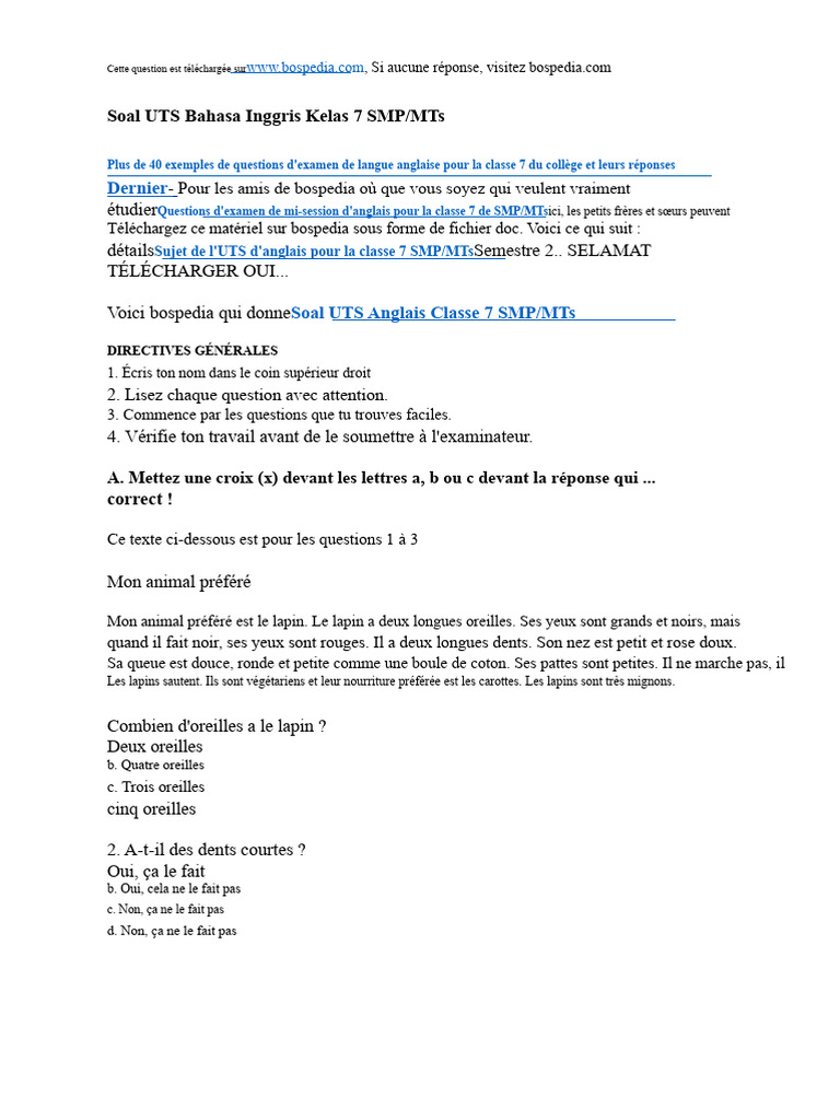 40+ Exemples de Questions UTS D'anglais Pour La Classe 7 de SMP MTs Et ...