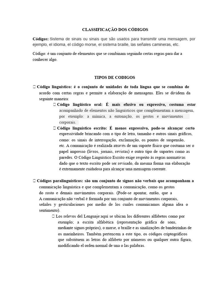 CLASSIFICAÇÃO DOS CÓDIGOS | PDF | Comunicação | Linguística