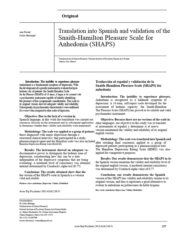 Validation of SHAPS for Anhedonia in Spanish | PDF | Diagnostic And ...