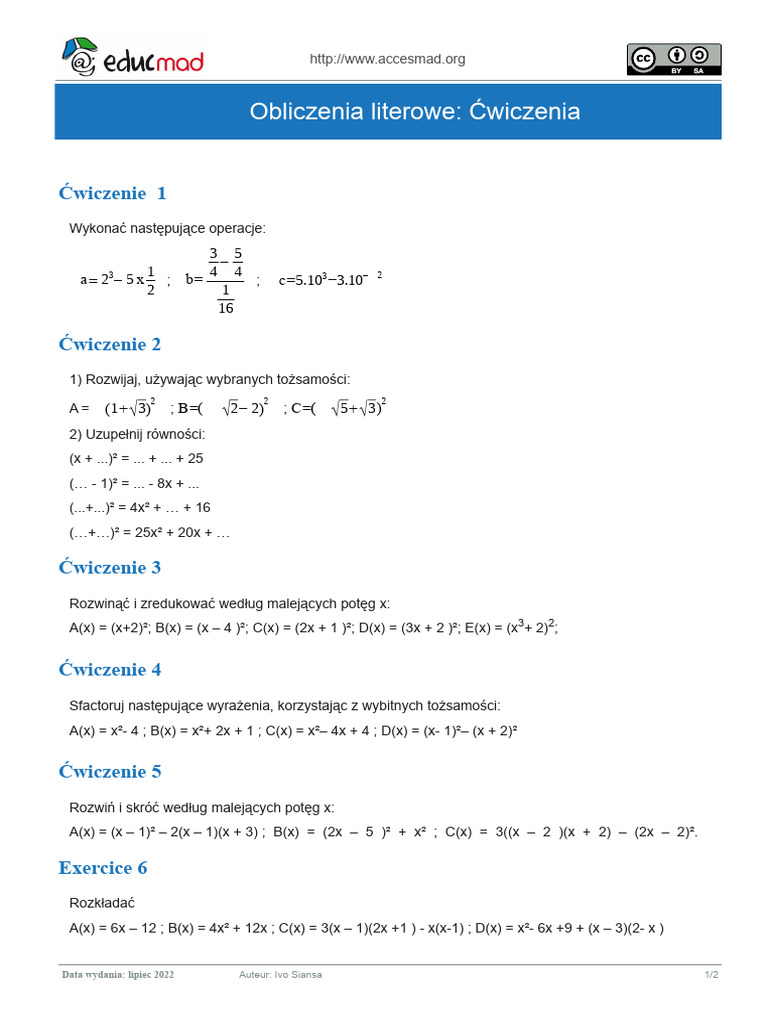 Monomy I Wielomiany Ćwiczenia 1 | PDF