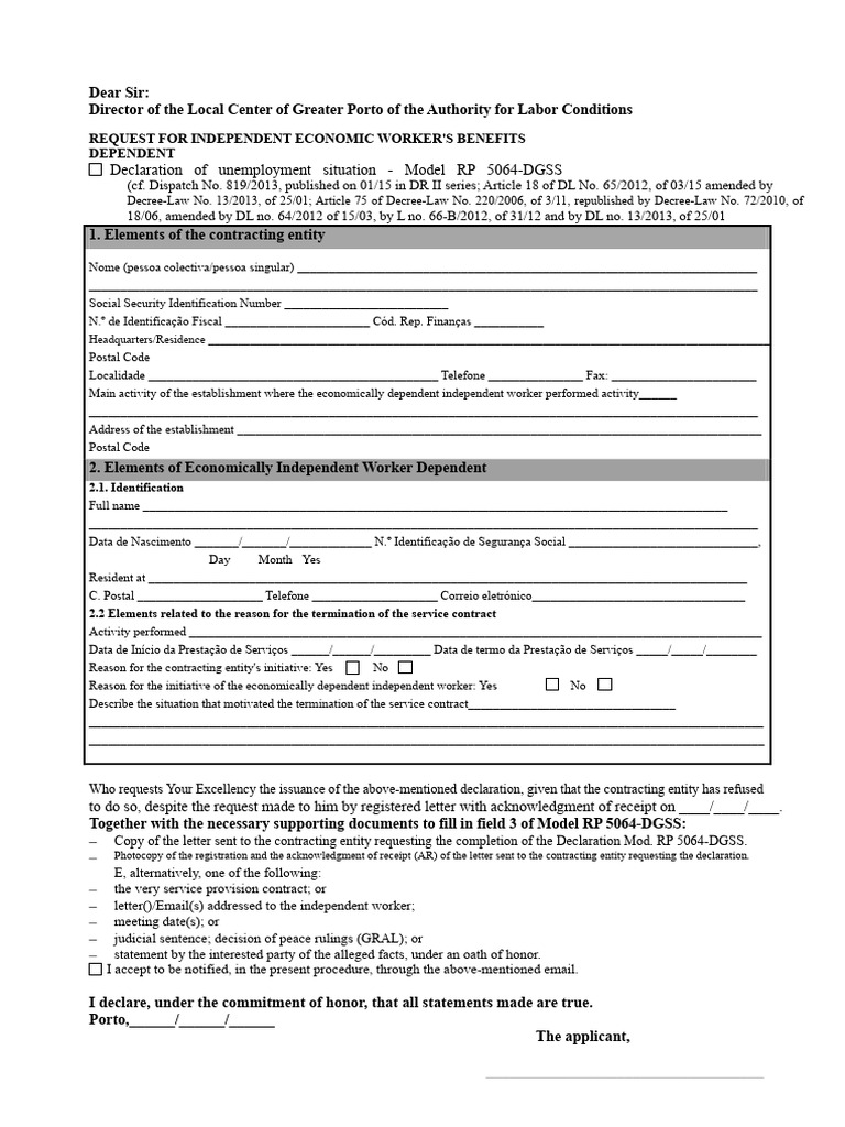 Application Form Mod 5064 Declaration of Unemployment Status | PDF ...