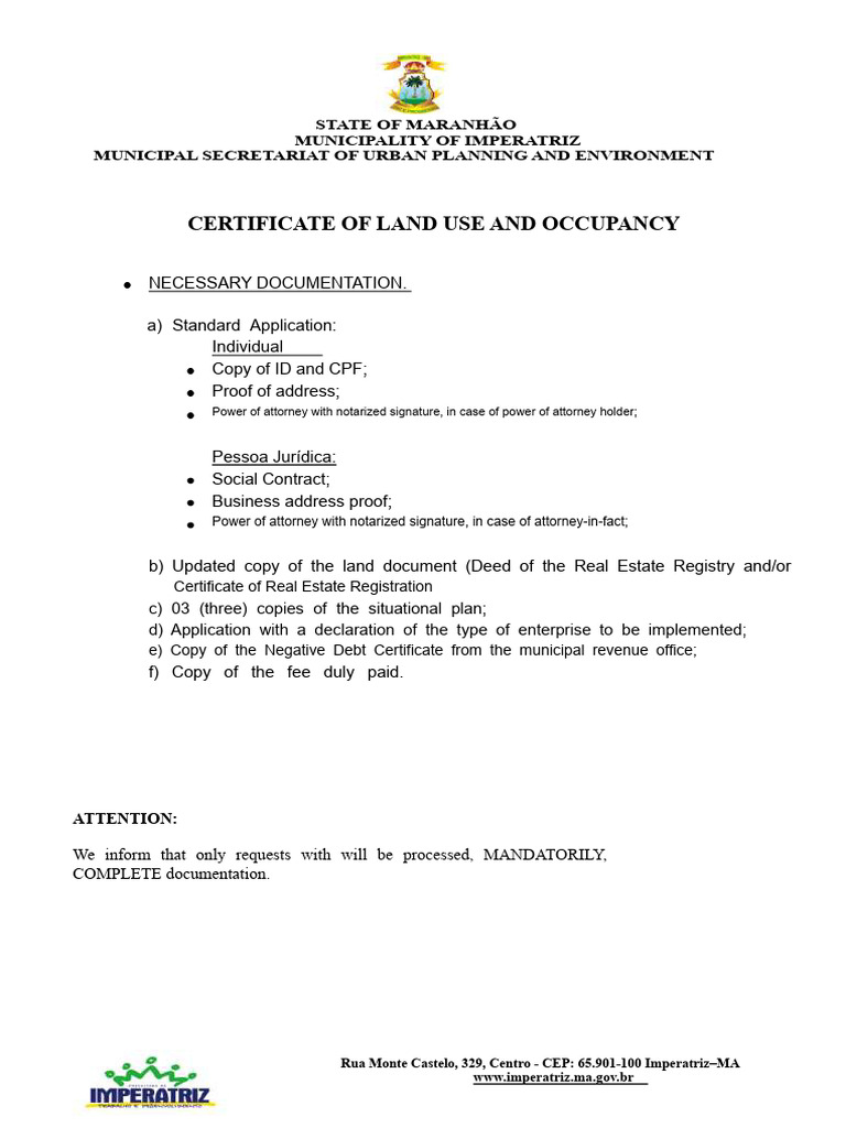 Certificate of Land Use and Occupancy | PDF