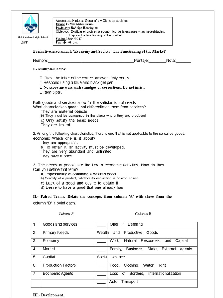 Formative Assessment Economics | PDF | Economics | Goods