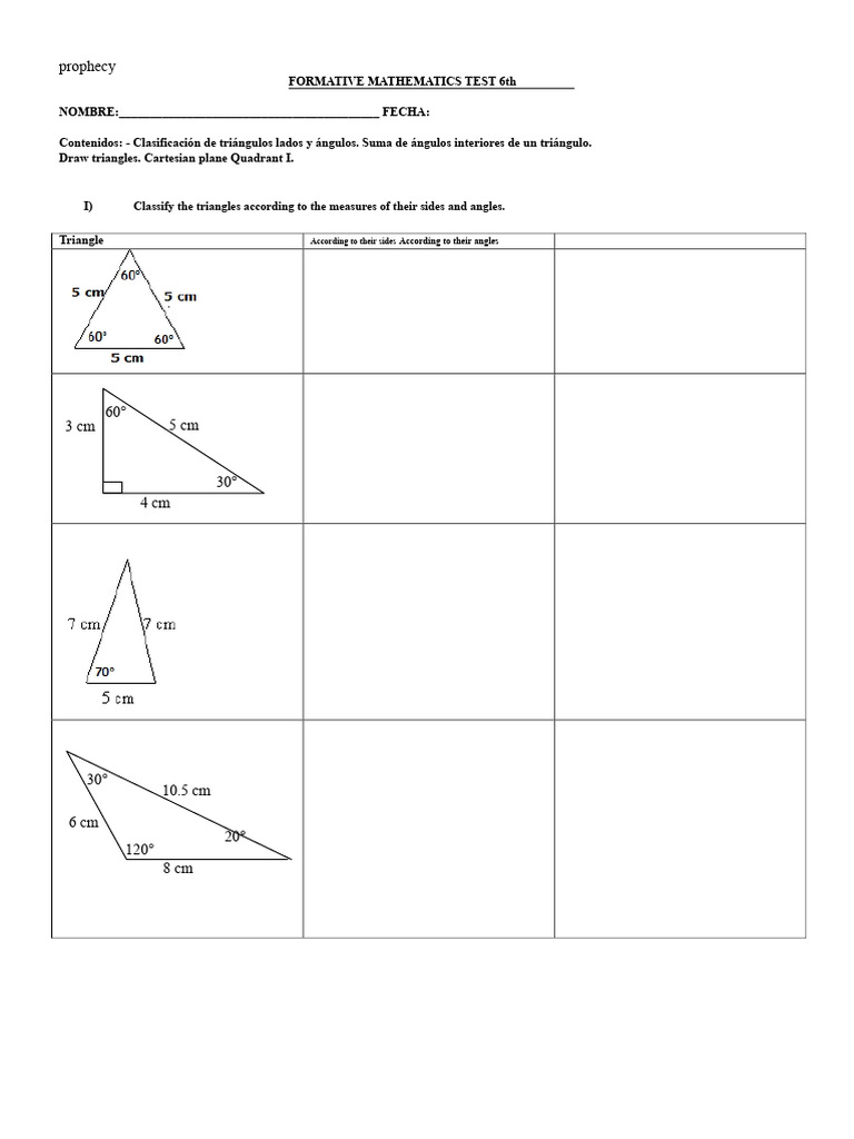 Formative Test For 6th Grade Triangles and Angles | PDF | Triangle | Euclid
