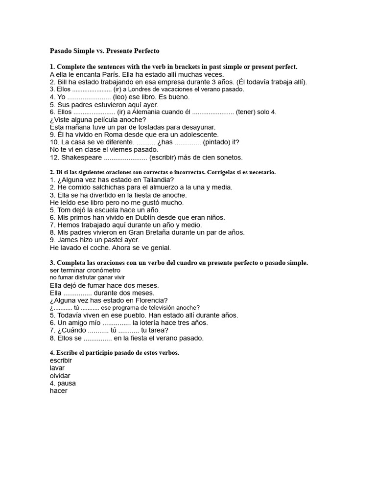 Pasado Simple y Presente Perfecto: Ejercicios | PDF