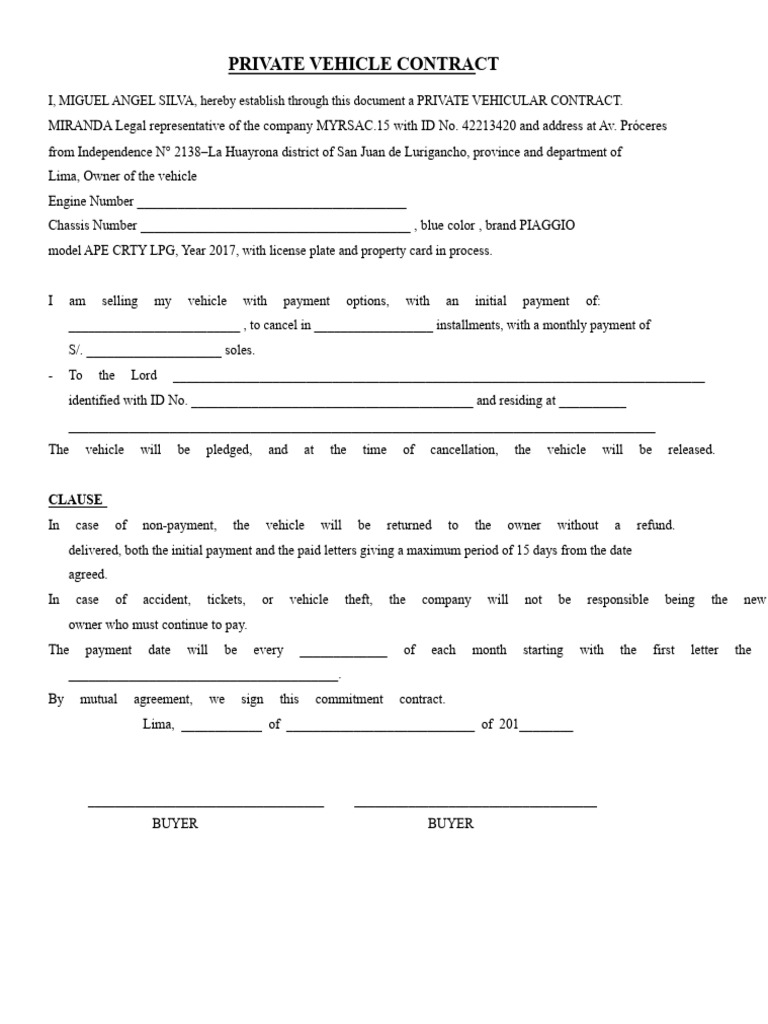 Private Contract For The Purchase and Sale of A Straight Line Motor ...