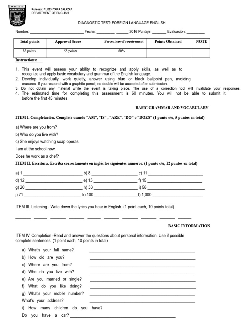 English Language Diagnostic Test | PDF | Lunch