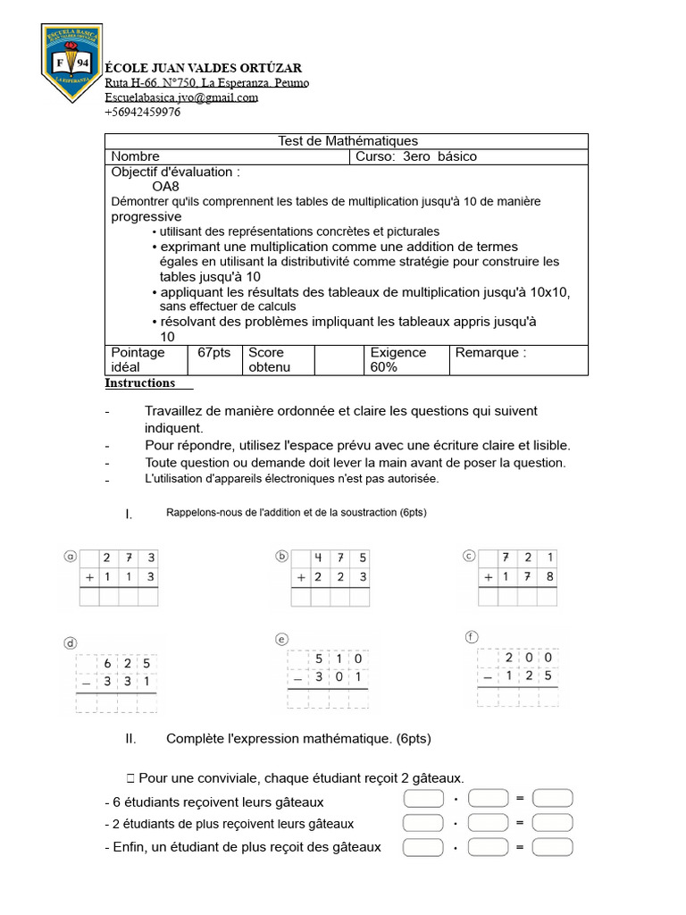 Test de Mathématiques 3e Année | PDF | Multiplication | Mathématiques