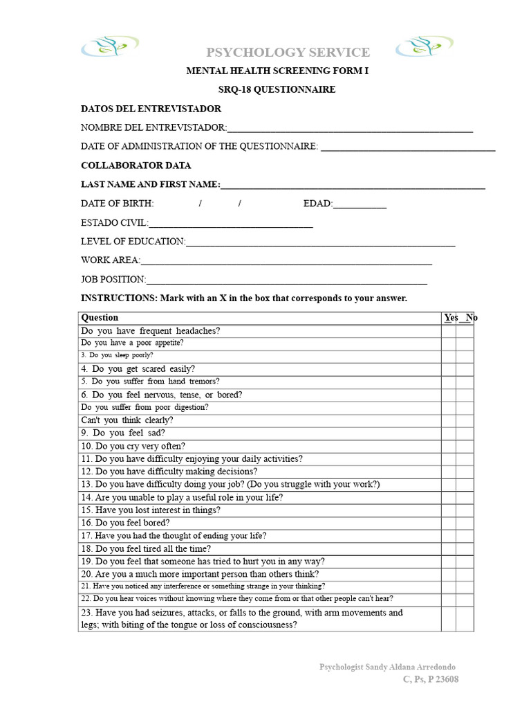 Mental Health Screening Questionnaire | PDF | Mental Health | Psychology