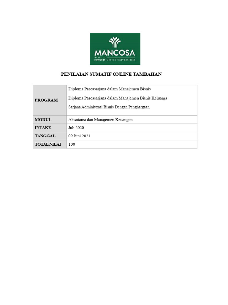 Ujian Akuntansi Dan Manajemen - Mancosa | PDF