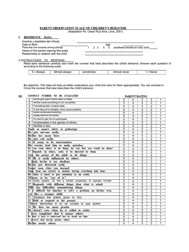 Parent Observation Scale for Child Behavior | PDF | Interpersonal ...