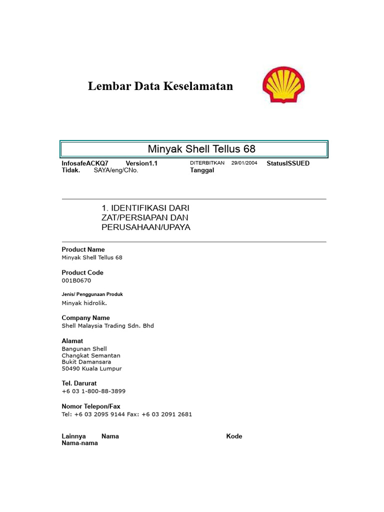 Lembar Data Keselamatan Minyak Shell Tellus 68 | PDF