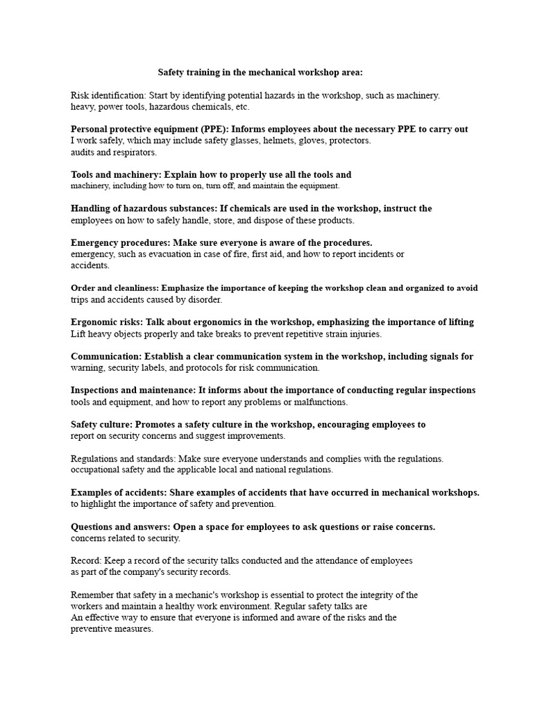 Mechanical Workshop Safety Training Guide | PDF