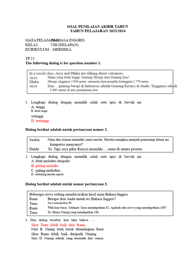 Questions and Answers of English Pat Grade 8 Year 2024 | PDF