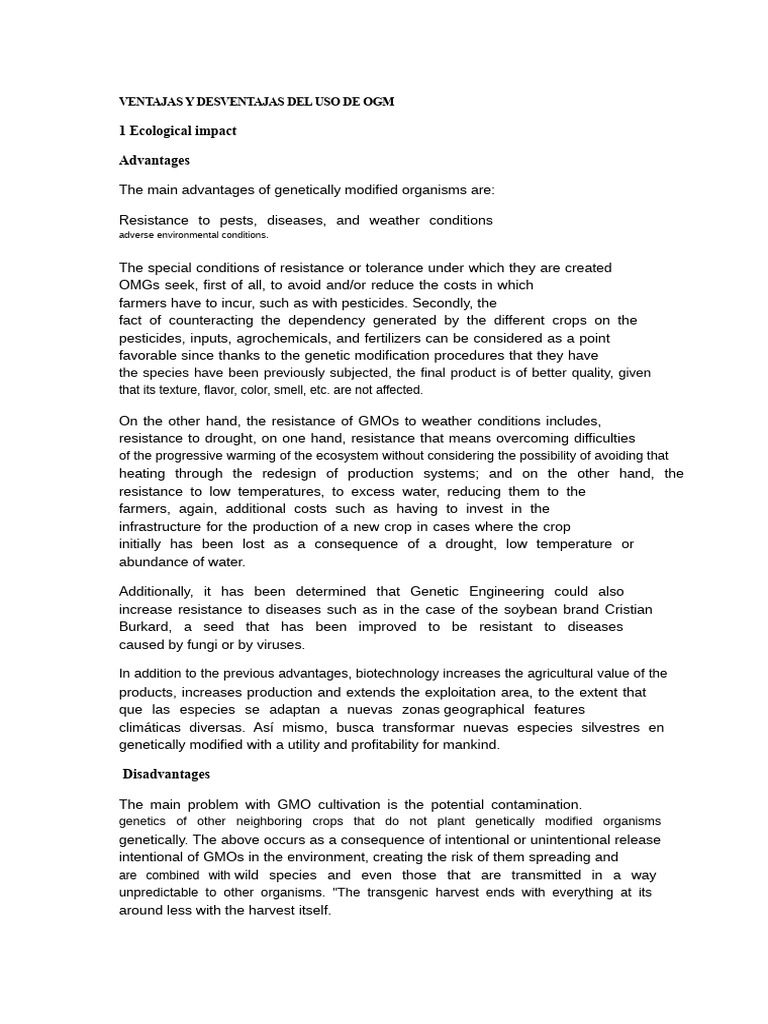 Advantages and Disadvantages of The Use of GMOs | PDF | Genetically ...