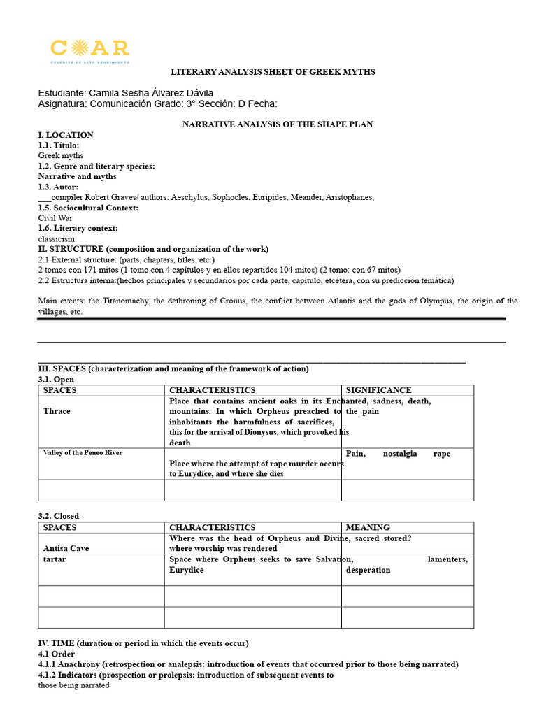 Literary Analysis Sheet of Greek Myths | PDF | Orpheus | Greek Mythology