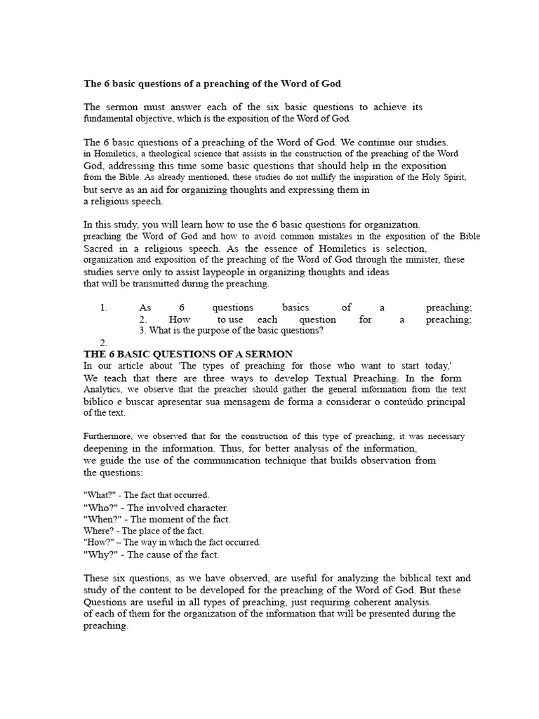 The 6 Basic Questions of A Sermon of The Word of God | PDF | Sermon ...