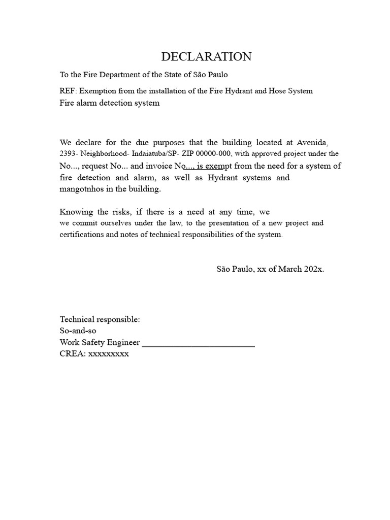 DECLARATION Exemption Alarm and Hydrant | PDF