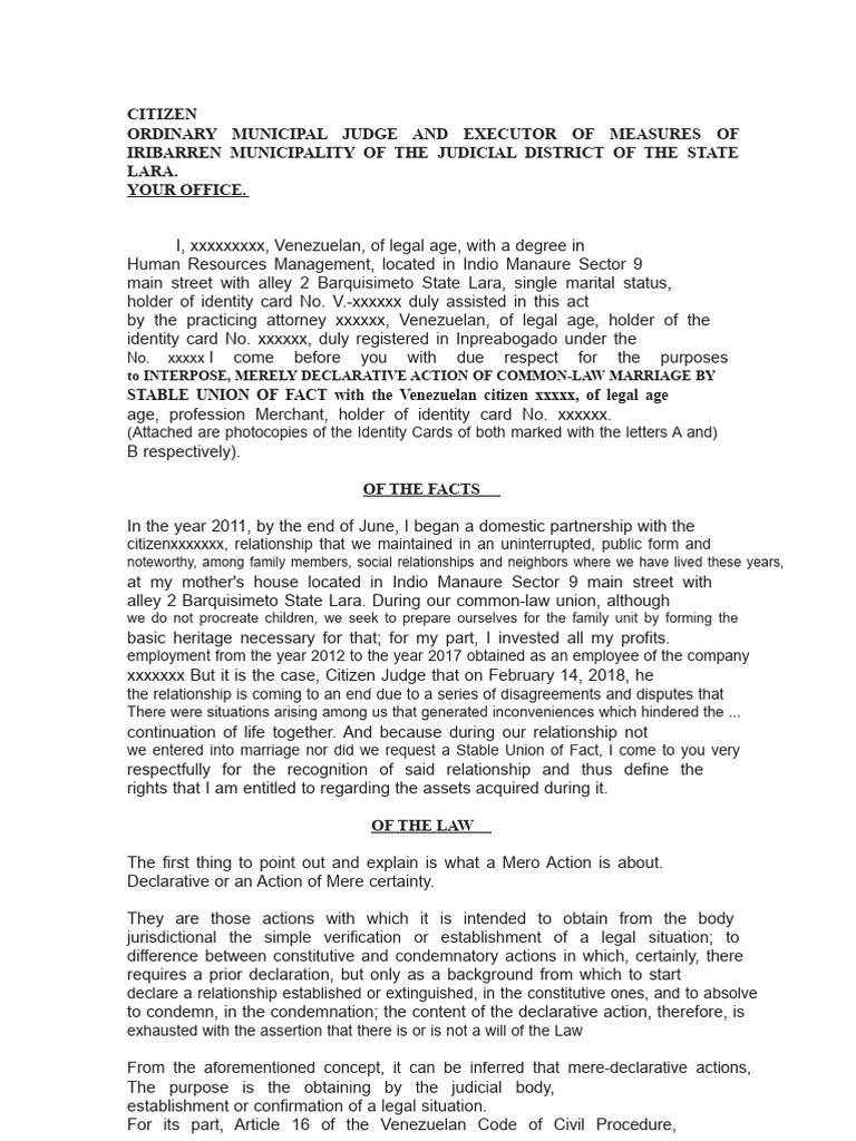 Declarative Action for Common-Law Marriage | PDF | Identity Document ...