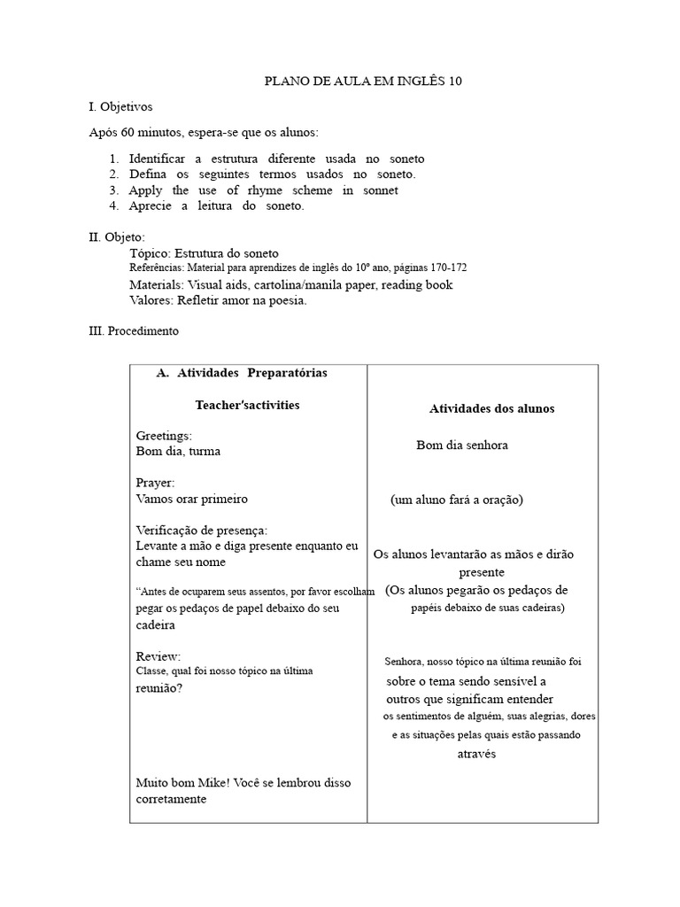 PLANO DE AULA INGLÊS 10 SONETO | PDF | Sonetos