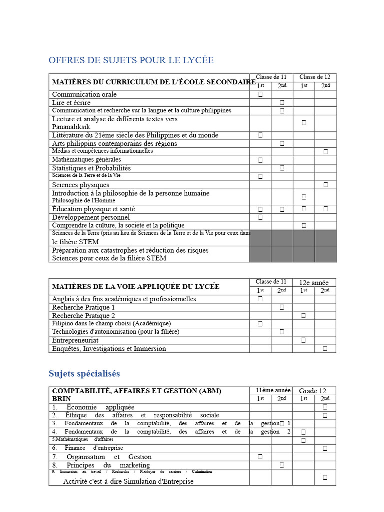 Sujets de cours pour le lycée 11-12 | PDF | Science | Mathématiques
