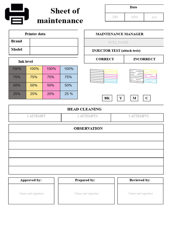 Maintenance Sheet | PDF | Printer (Computing) | Computing